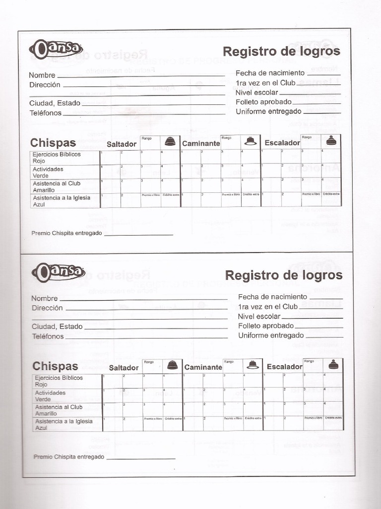 Oansa Registro de Logros Chispas | PDF