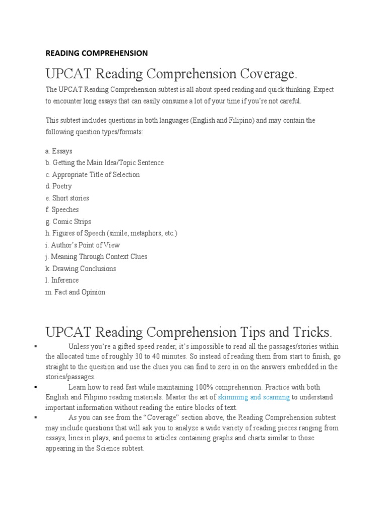 UPCAT Reading Comprehension Coverage | PDF | Reading Comprehension | Speed Reading
