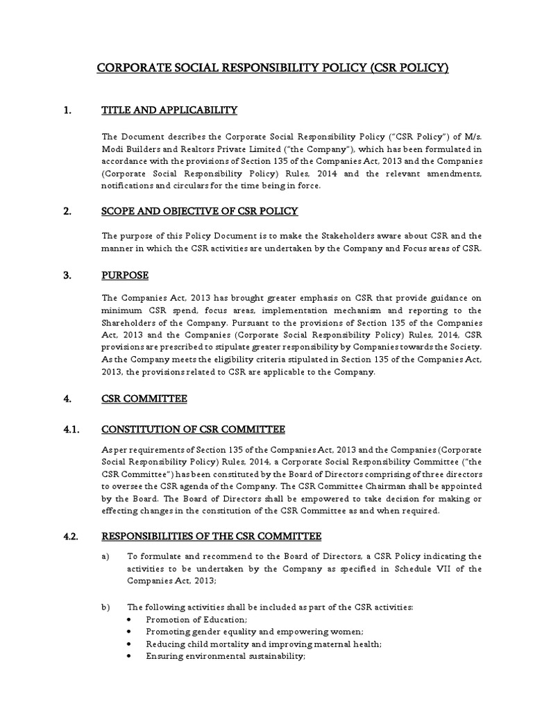 Corporate Social Responsibility Policy (CSR Policy) : 1. Title and ...