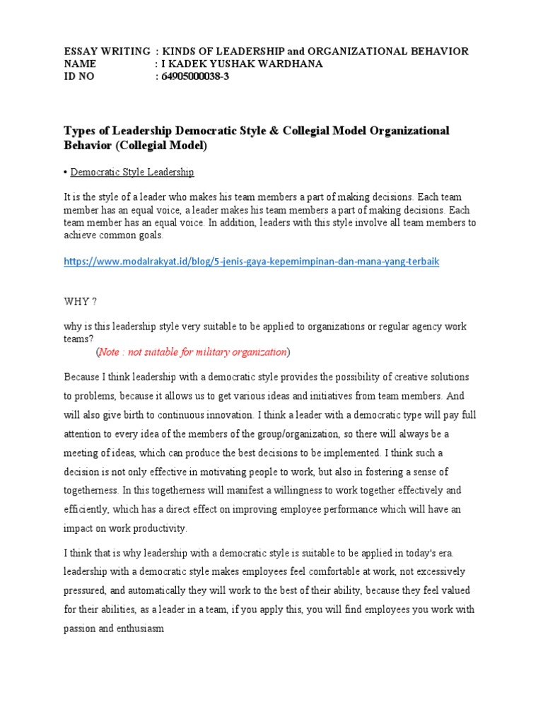 Democratic Style Leadership Type & Collegial Model of Organizational ...