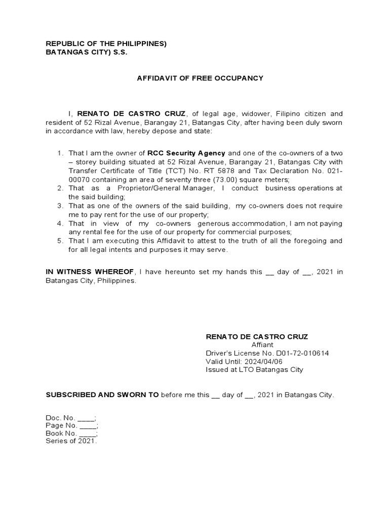 Affidavit of Free Occupancy | PDF