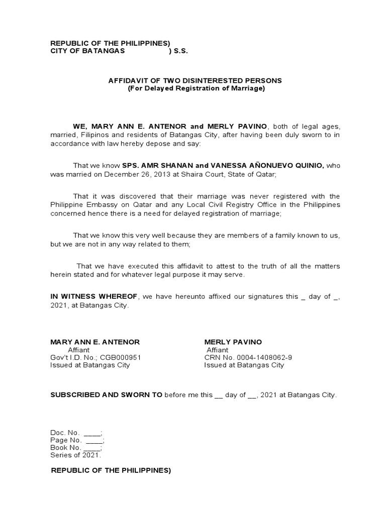 Affidavit of Delayed Marriage | PDF | Affidavit | Civil Law (Common Law)