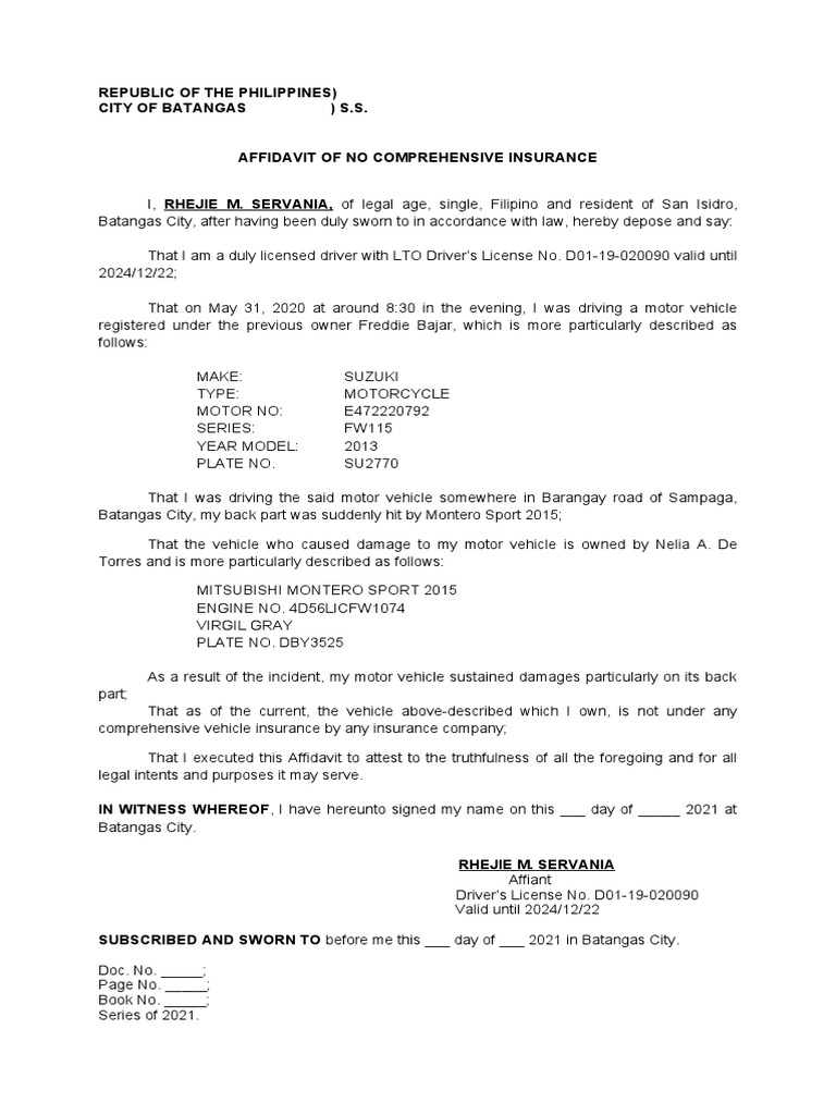 Affidavit of No Comprehensive Insurance | PDF