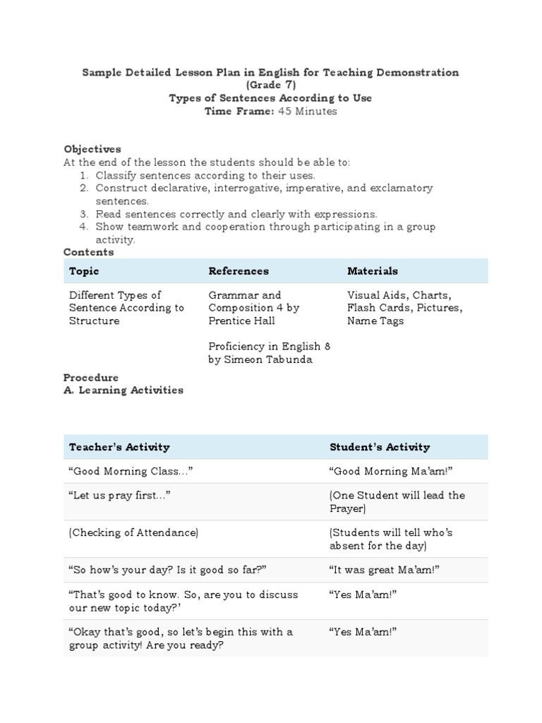 Types of Sentences Lesson Plan | PDF | Validity (Statistics) | Question
