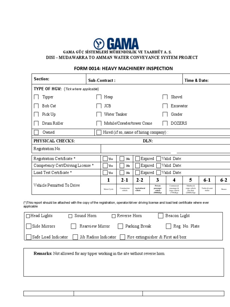 Form 0014: Heavy Machinery Inspection: Disi - Mudawarra To Amman Water ...