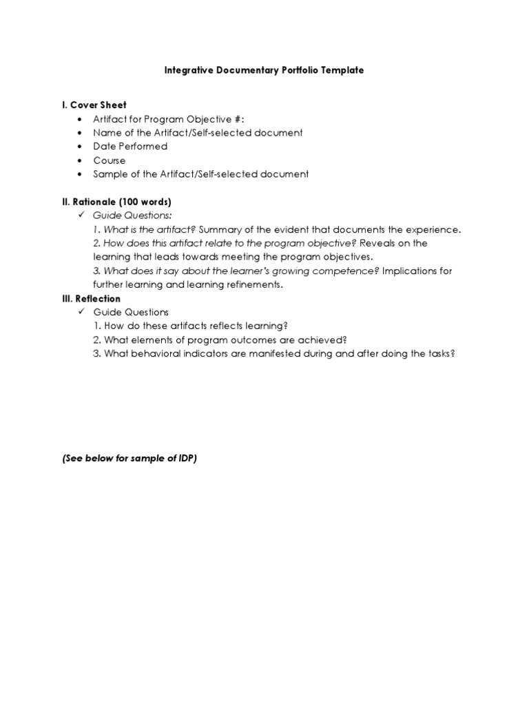 Integrative Documentary Portfolio Template I. Cover Sheet: (See Below ...