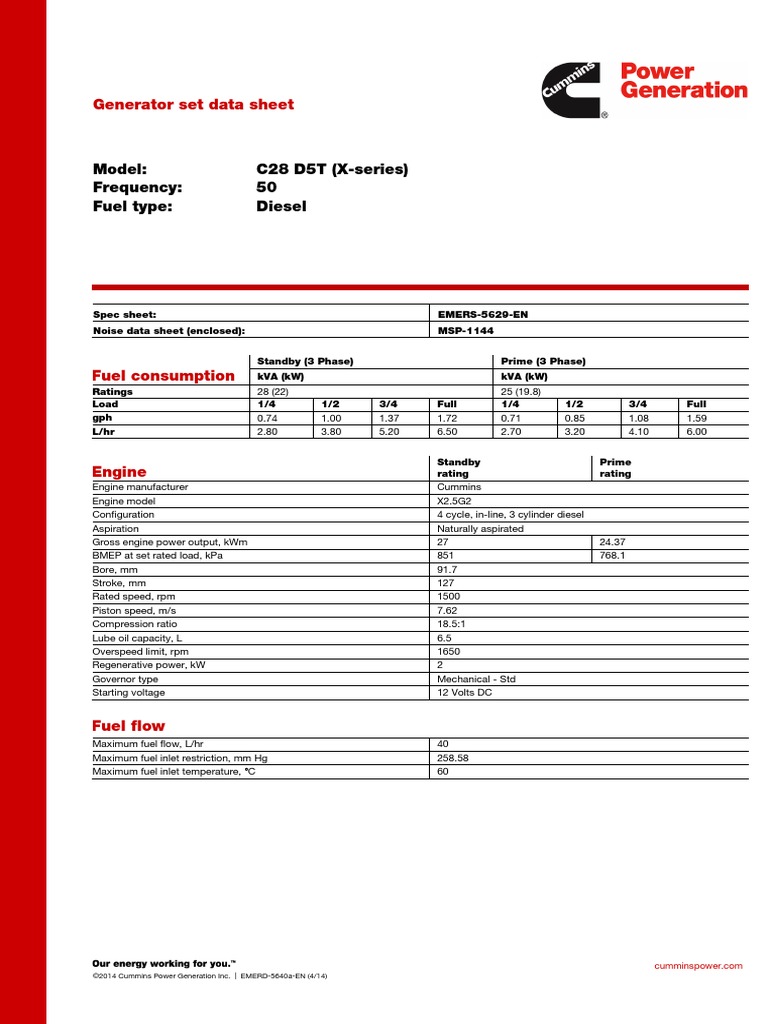Model: Frequency: Fuel Type: C28 D5T (X-Series) 50 Diesel: Generator ...