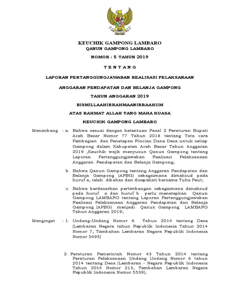 Contoh Qanun Realisasi APBG 2019 | PDF