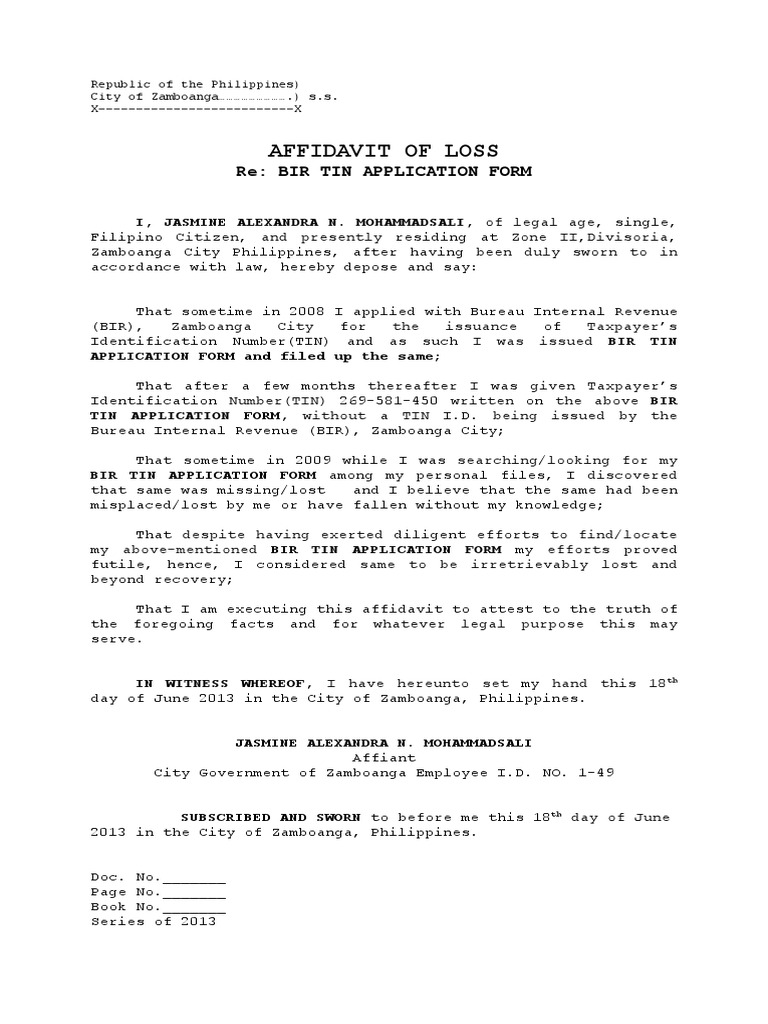 Affidavit of Loss: Re: Bir Tin Application Form | PDF