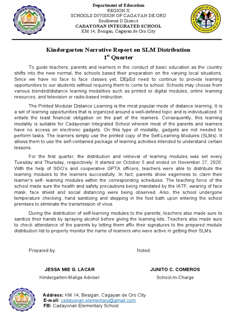 Kindergarten Narrative Report On SLM Distribution | PDF | Distance ...