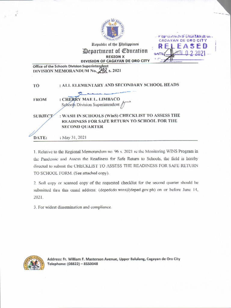 DM242s2021 - Wash in Schools (WinS) Checklist To Assess The Readiness ...