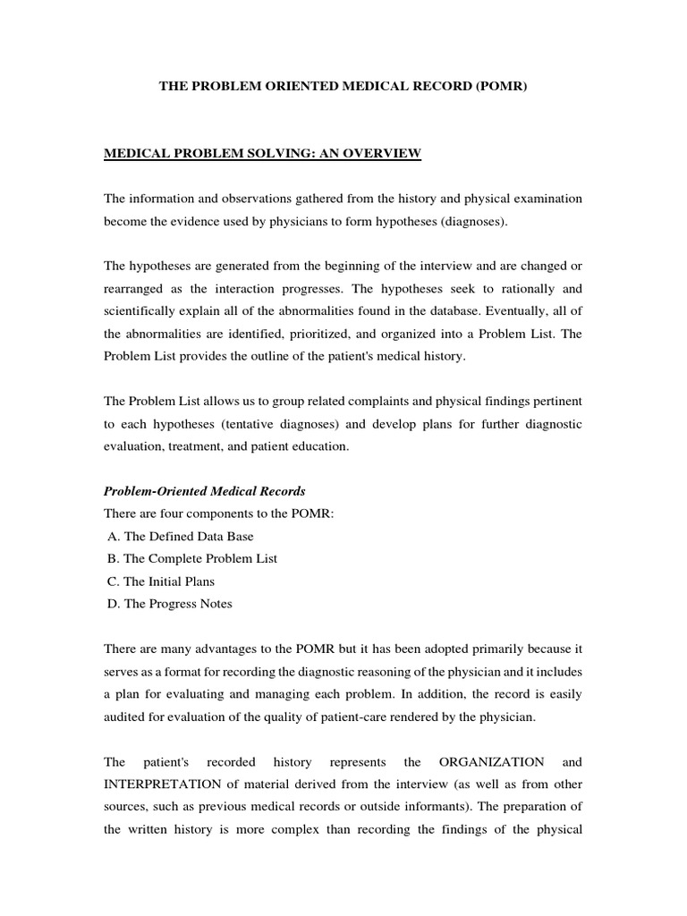 The Problem Oriented Medical Record | PDF | Medical Diagnosis | Physical Examination