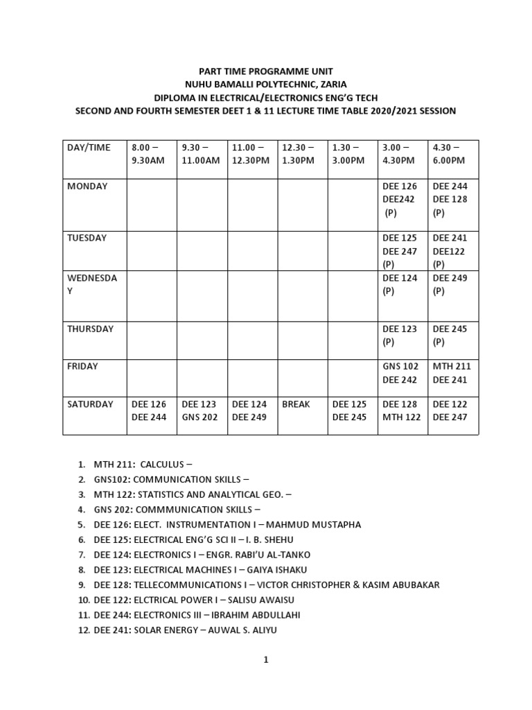 2nd Sem Lecture Time Table 2020 | PDF | Electrical Engineering ...