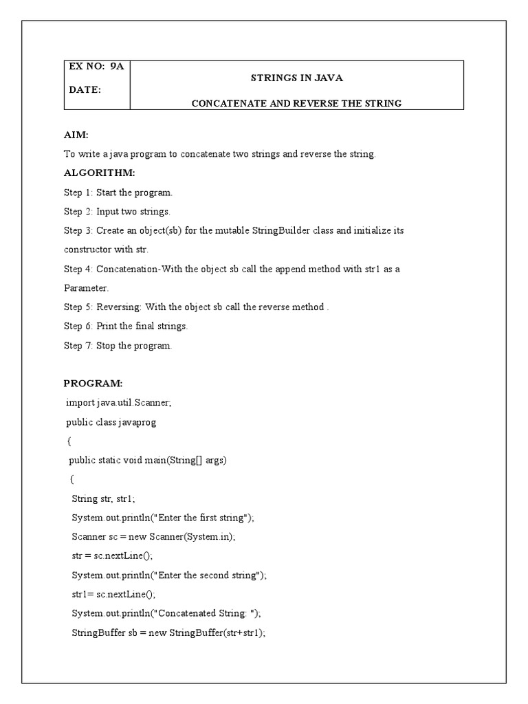 Ex No: 9A Date: Strings in Java: Concatenate and Reverse The String ...