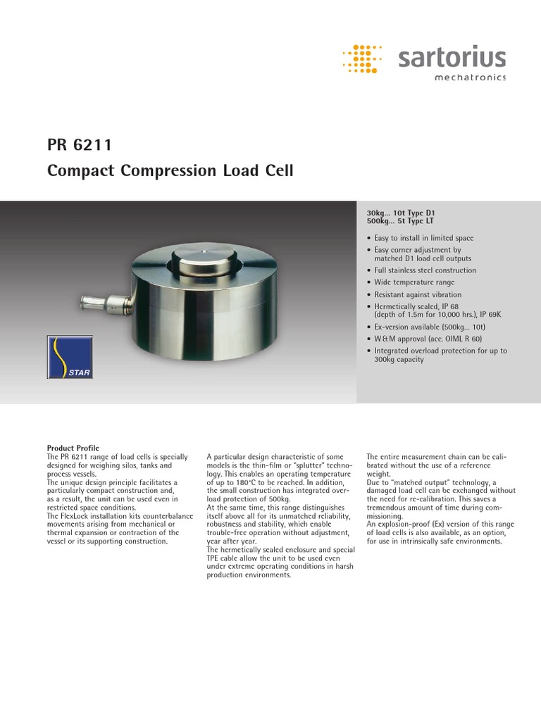 PR 6211 Compact Compression Load Cell: 30kg 10t Type D1 500kg 5t Type ...
