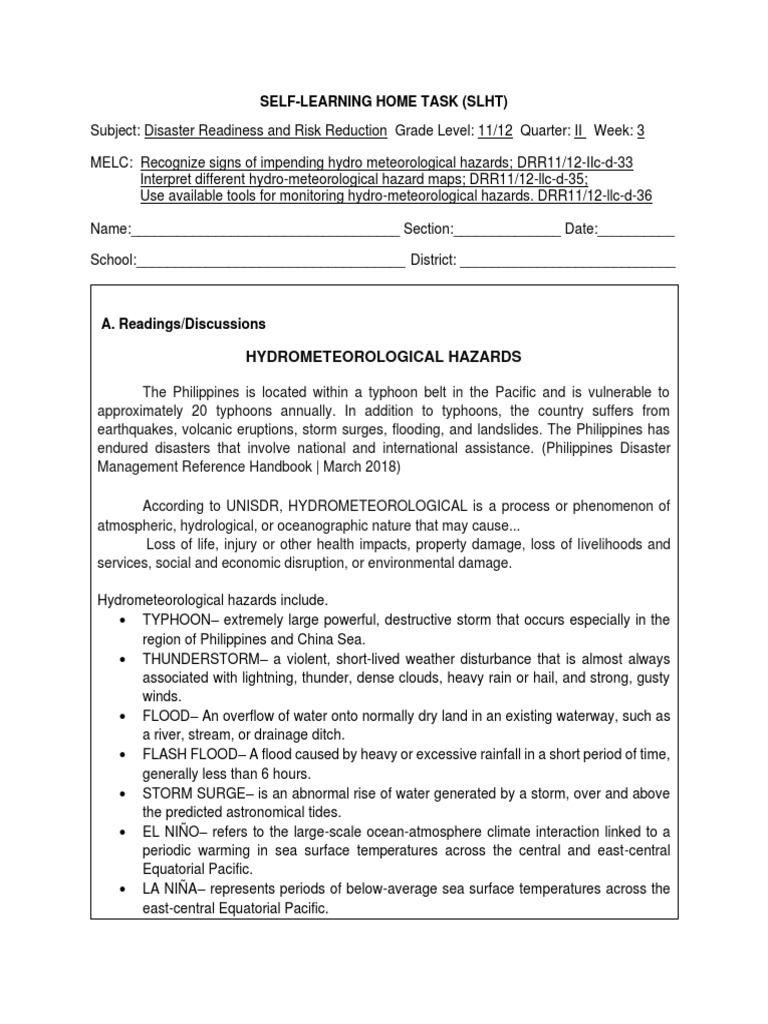 Self-Learning Home Task (SLHT) : Hydrometeorological Hazards | PDF ...