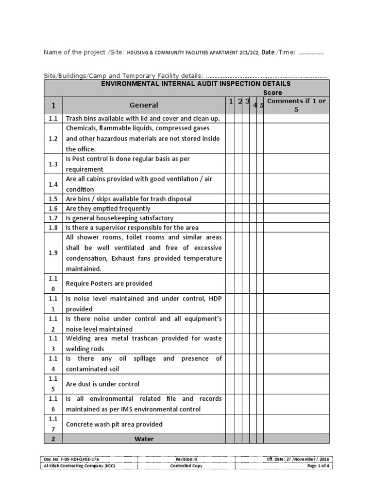 F 05 KDI QHSE 17a Environmental Inspection Checklist | PDF | Toilet | Water
