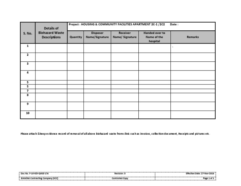 F 10 KDI QHSE 17a Bio Hazard Waste Disposal Log | PDF