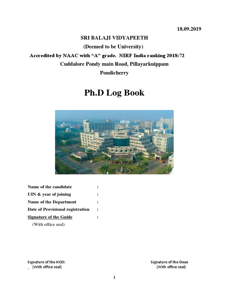 Log Book SBV For PHD Scholars 2019 1 | PDF | Thesis | Doctor Of Philosophy