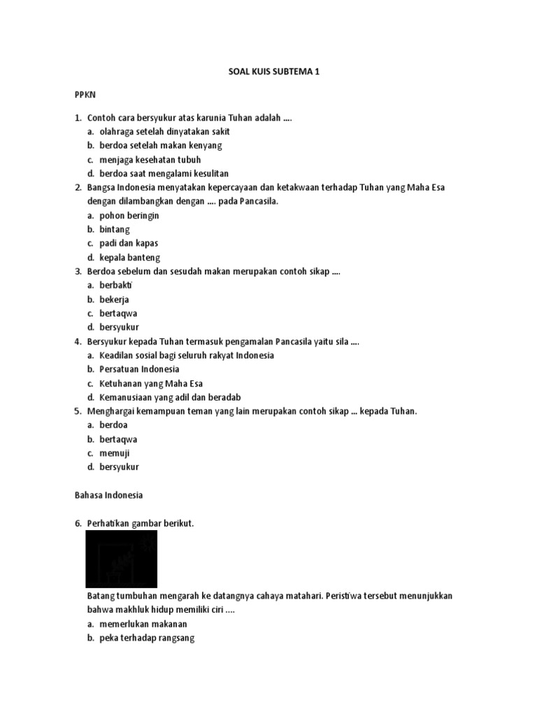 Soal Kuis SD: PPKN, B. Indonesia, Matematika, SBDP | PDF