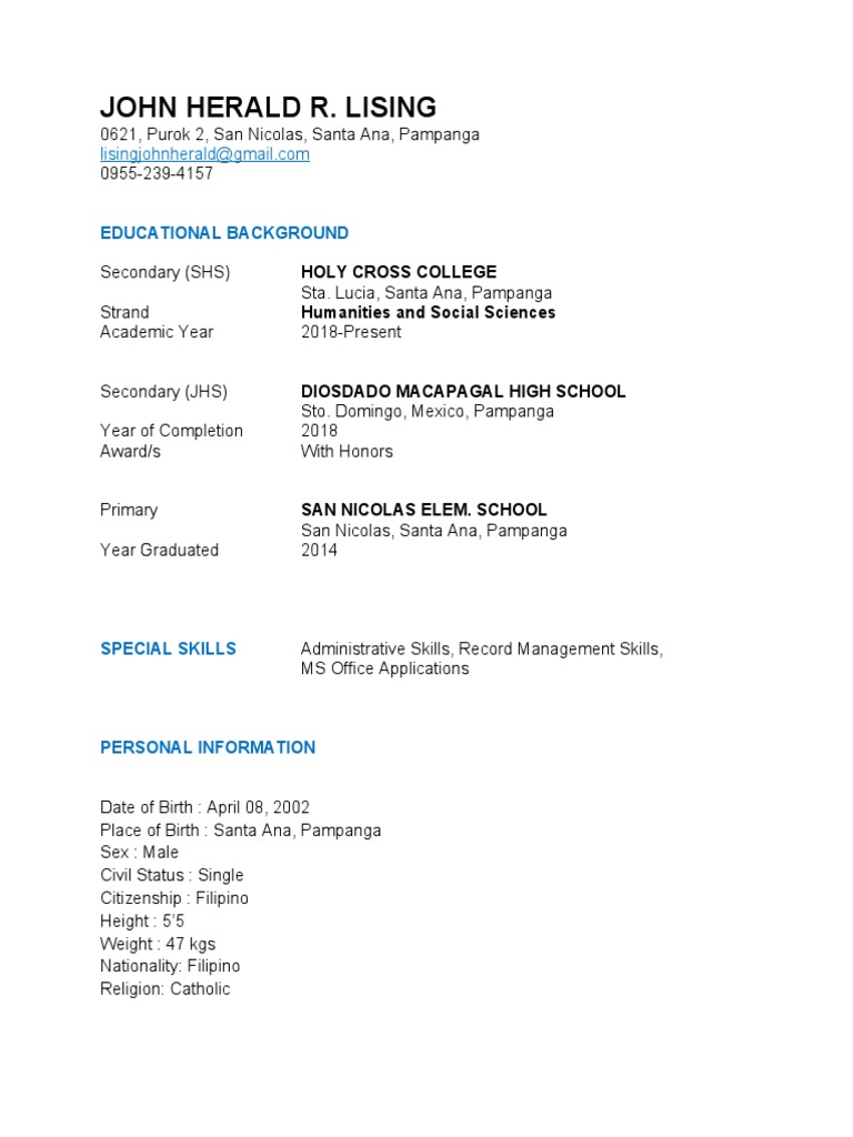 Resume For Work Immersion | PDF