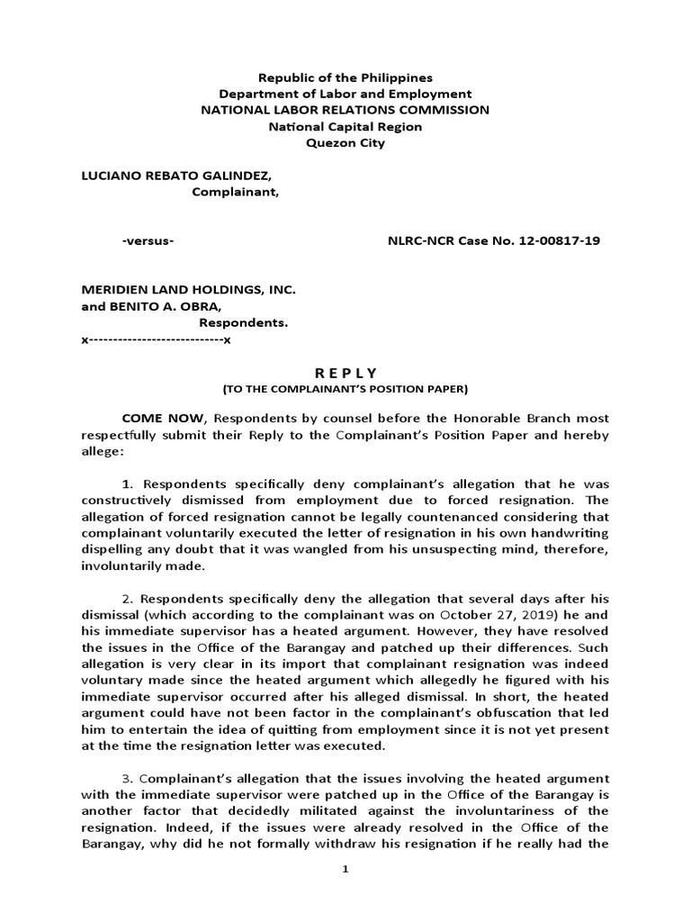 Reply: (To The Complainant'S Position Paper) | PDF | Public Law ...
