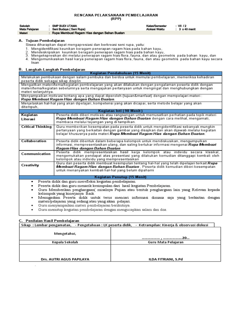Per 2 RPP Seni Rupa Seni Budaya Kelas 7 | PDF