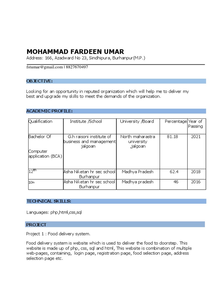 Mohammad Fardeen Umar Resume | PDF