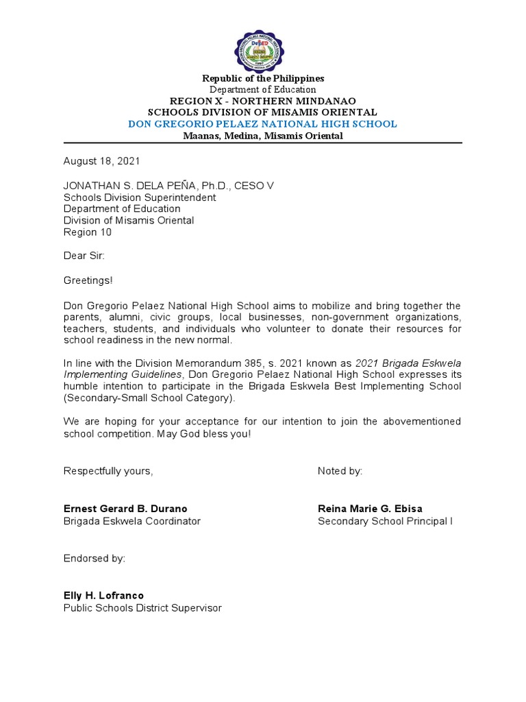 Request for Participation in the Brigada Eskwela Best Implementing ...