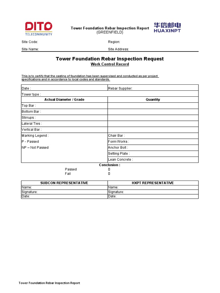 07 DITO Rebar Inspection Report Template v2 | PDF | Civil Engineering ...