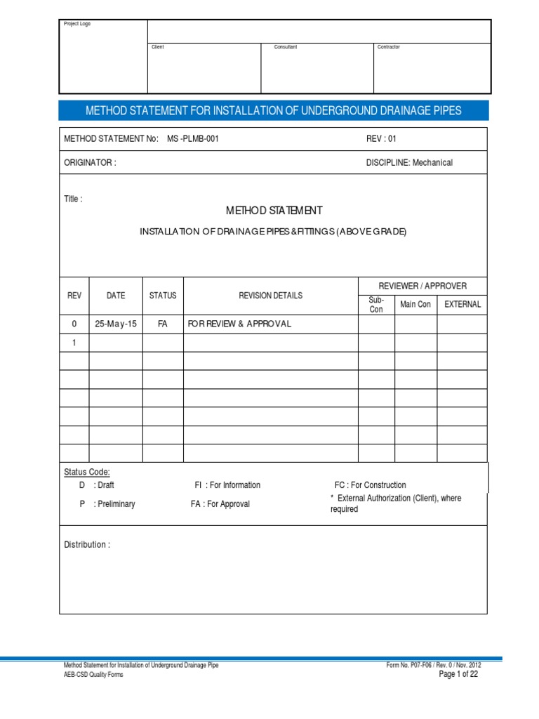 Method Statement for the Installation of Underground Drainage Pipes ...