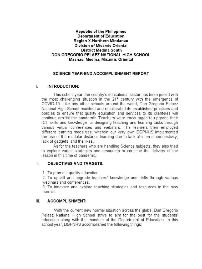 Science Accomplishment Report | PDF | Teachers | Distance Education