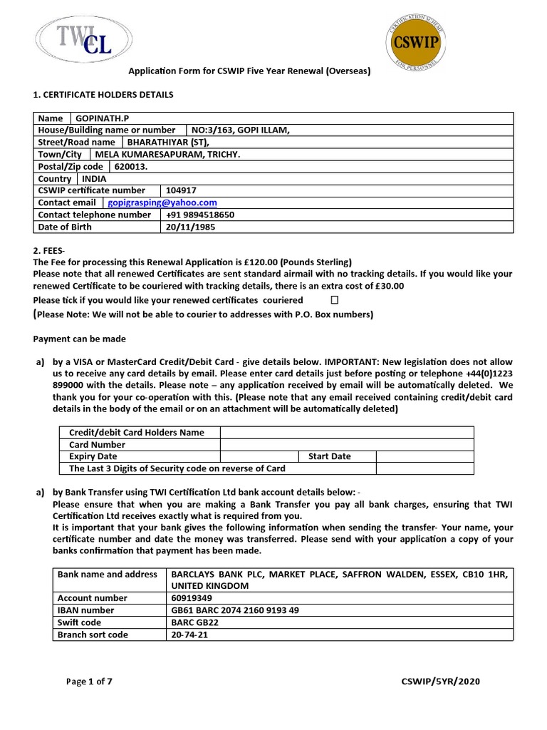 Application Form For CSWIP 5 Year Renewal (Overseas) | PDF ...