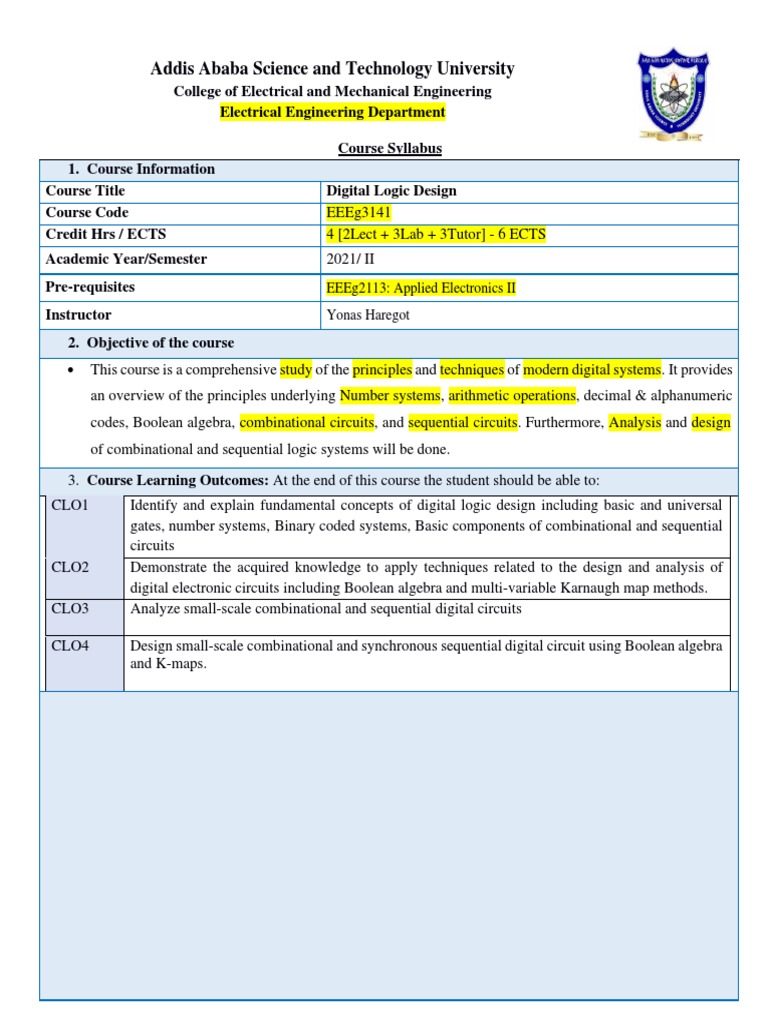 Digital Logic Design Course Syllabus | PDF | Logic Gate | Teaching Mathematics
