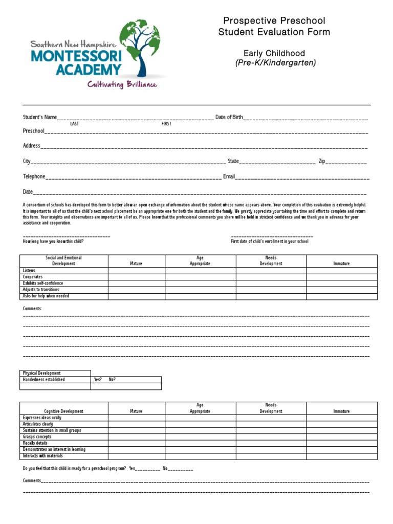 Pre School Student Evaluation Form | PDF | Preschool | Learning