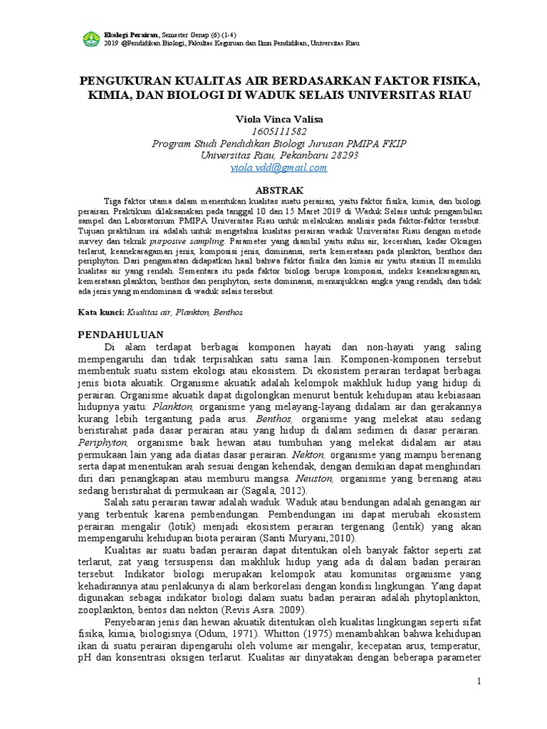 Kualitas Air Waduk Selais Universitas Riau | PDF