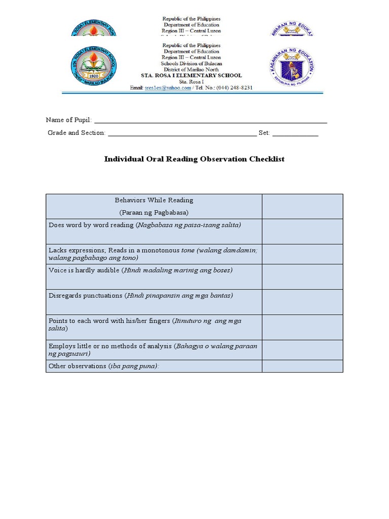 Individual Oral Reading Observation Checklist: Walang Pagbabago Ang ...
