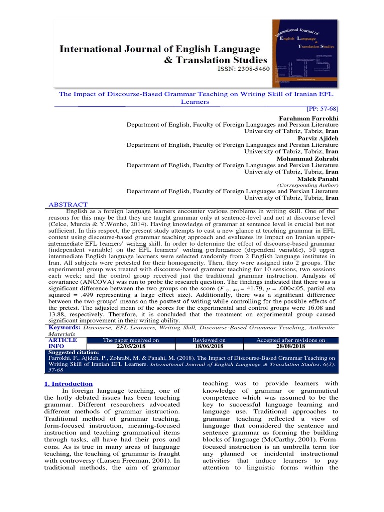 The Impact of Discourse-Based Grammar Teaching on Writing Skill of Iranian EFL Learners | PDF ...