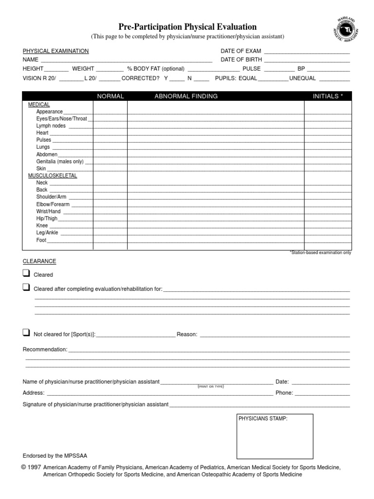 Pre-Participation Physical Evaluation: Normal Abnormal Finding Initials ...