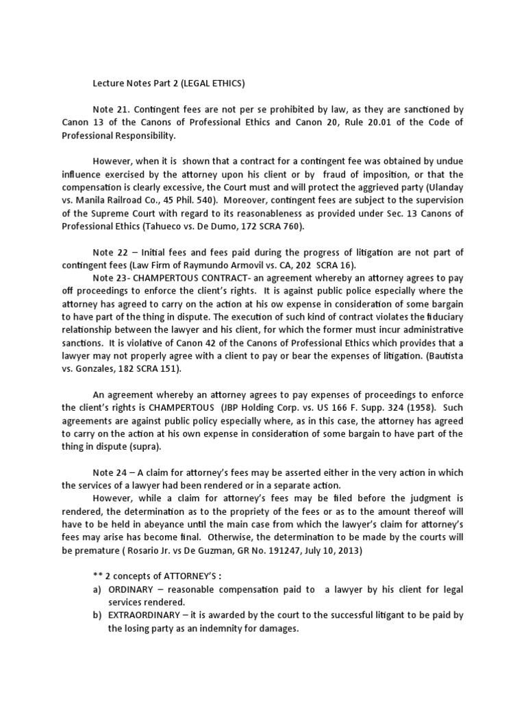 Lecture Notes Legal Ethics Part 2 | PDF | Attorney's Fee | Lawyer