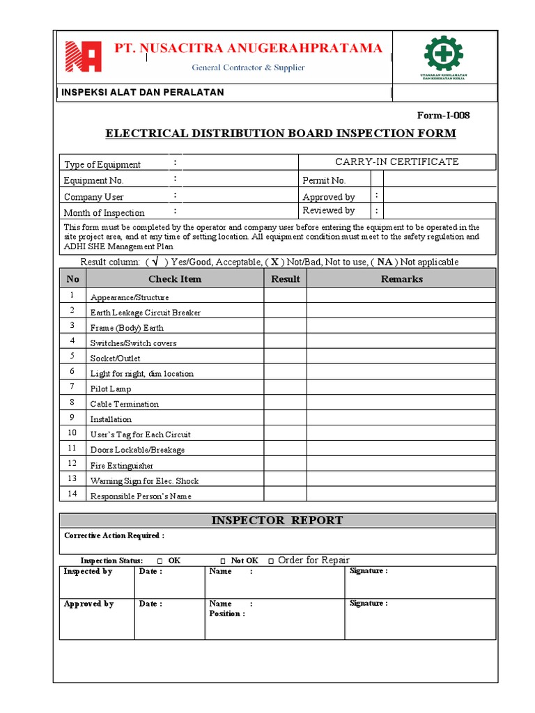 Electrical Distribution Board Inspection Form | PDF