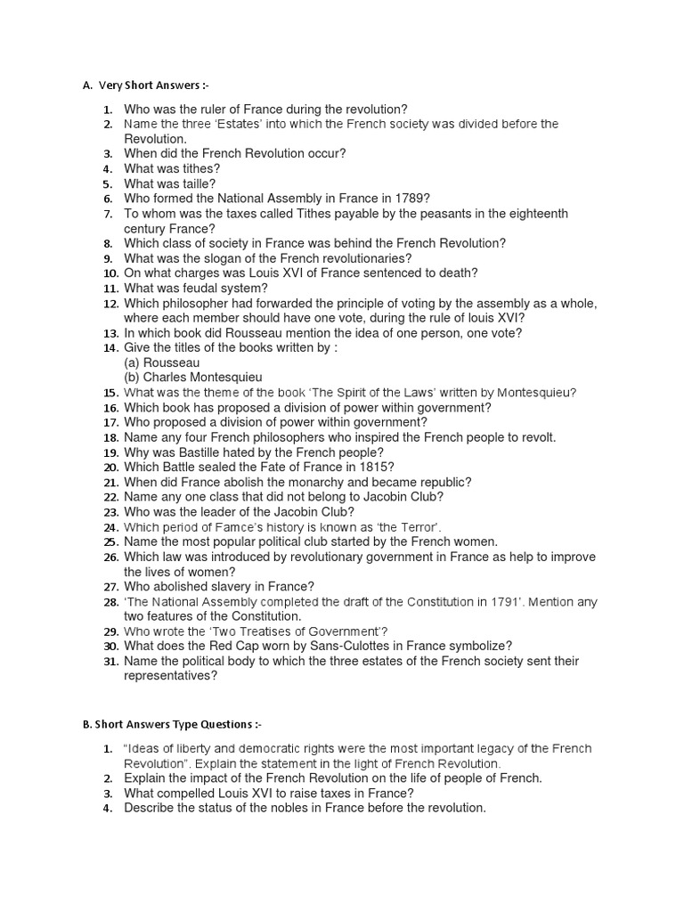 French Revolution Class 9 Question Bank | PDF | French Revolution | France
