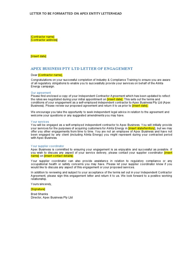 18-Apex Business-Contractor Engagement Letter | PDF | Employment | Business