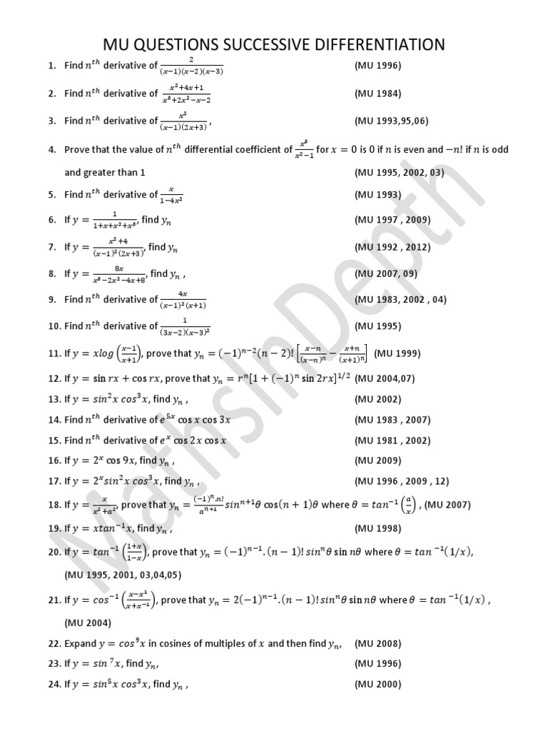 Mu Questions Successive Differentiation | PDF | Trigonometric Functions ... Mu Questions Successive Differentiation | PDF | Trigonometric Functions ...