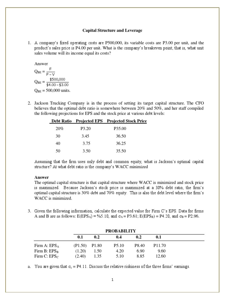 Capital Structure & Leverage - Exercises | PDF | Capital Structure ...