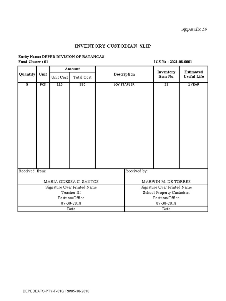 Inventory Custodian Slip Template | PDF