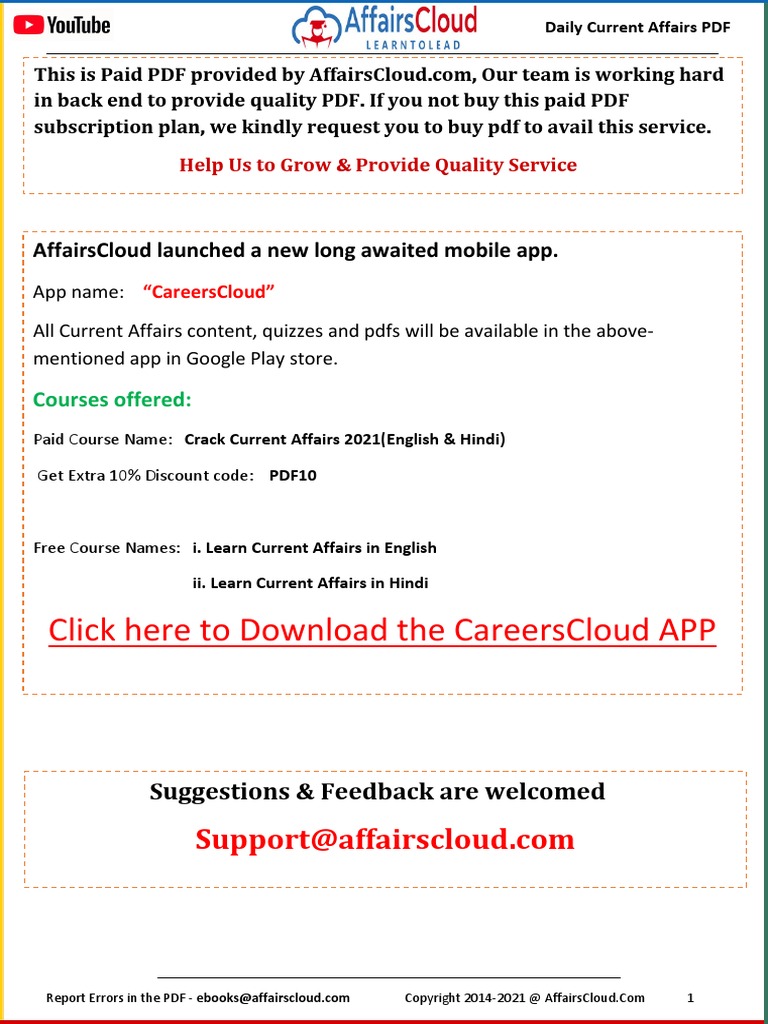 Current Affairs July 9 2021 PDF by AffairsCloud 1 | PDF | Social ...
