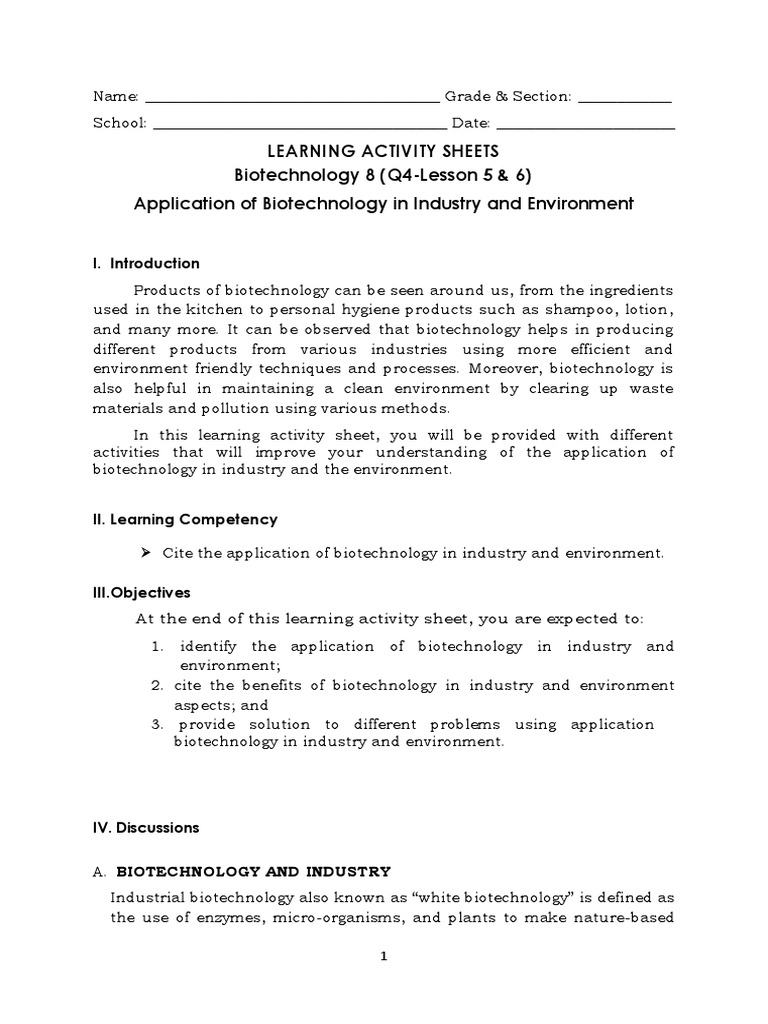 Learning Activity Sheets Biotechnology 8 (Q4-Lesson 5 & 6) Application ...