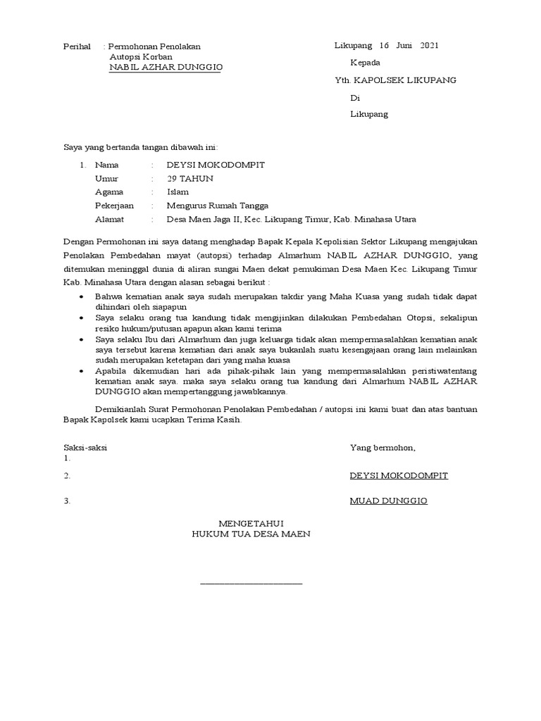 Penolakan Autopsi An. Nabil Azhar Dunggio | PDF