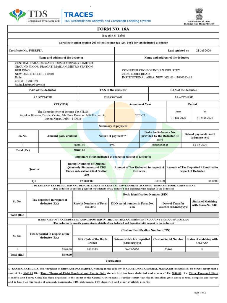 Form No. 16A: From To | PDF | Lease | Securities (Finance)